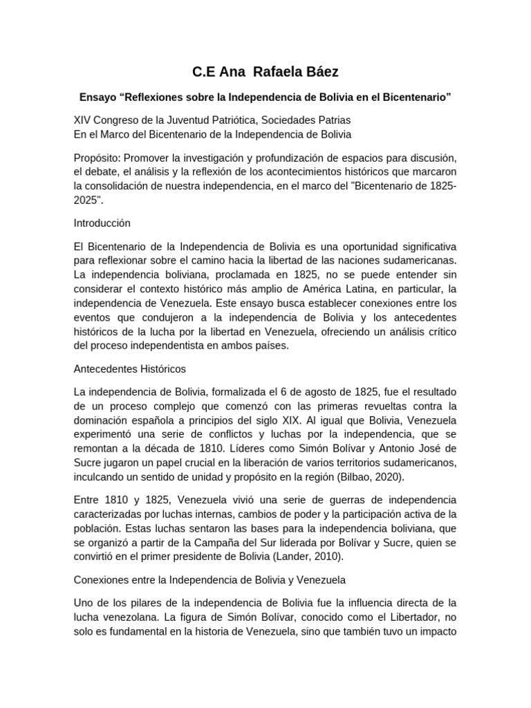 Ensayo "Reflexiones Sobre La Independencia de Bolivia en El ...