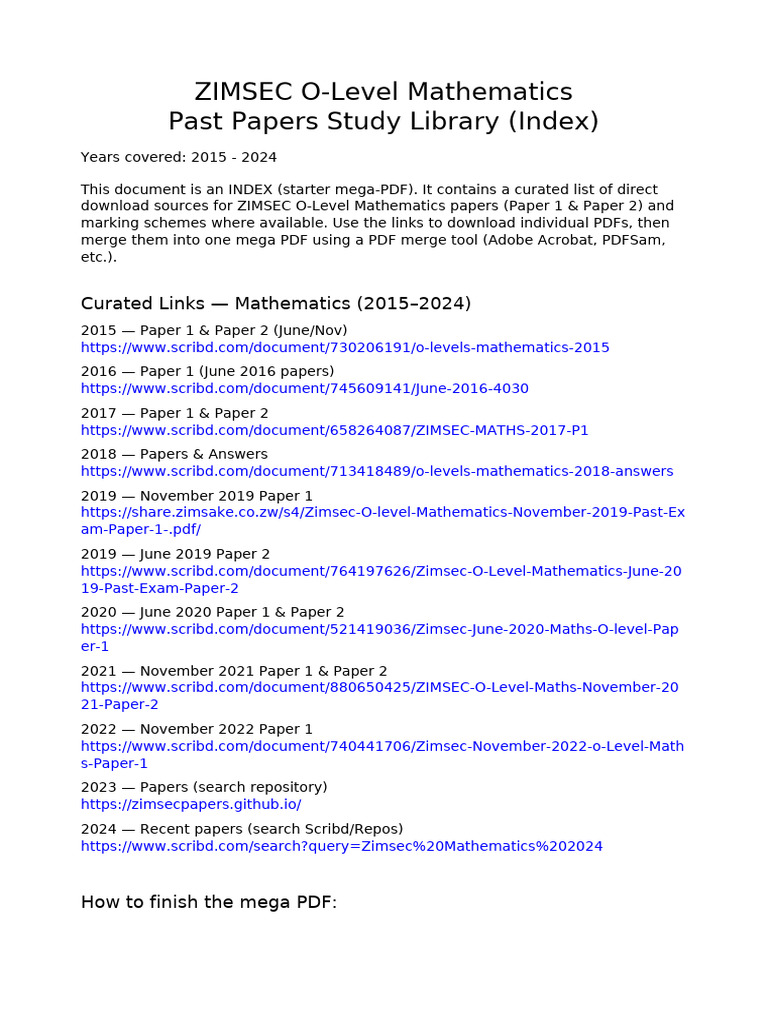 ZIMSEC O-Level Maths Past Papers Index | PDF