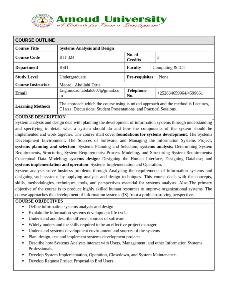 Course Outline-Systems Analaysis and Design | PDF | Software ...