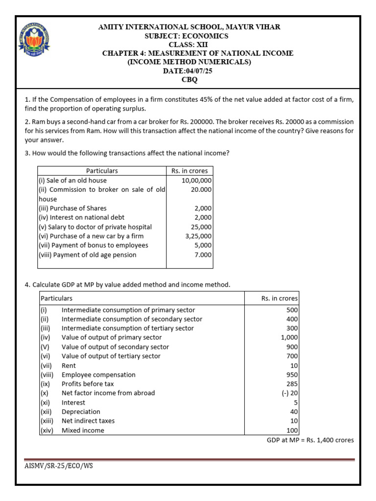 Measurement of National Income-Income Method Numericals | PDF ...
