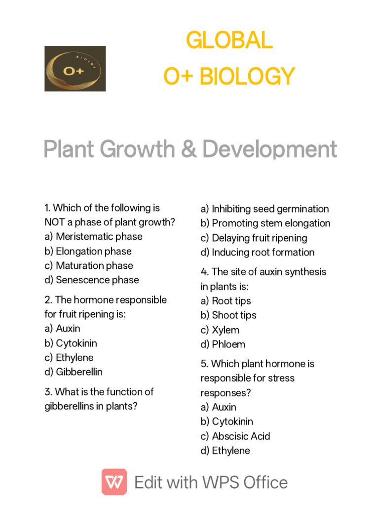 Plant Growth and Hormone Functions Quiz | PDF | Plant Hormone | Auxin