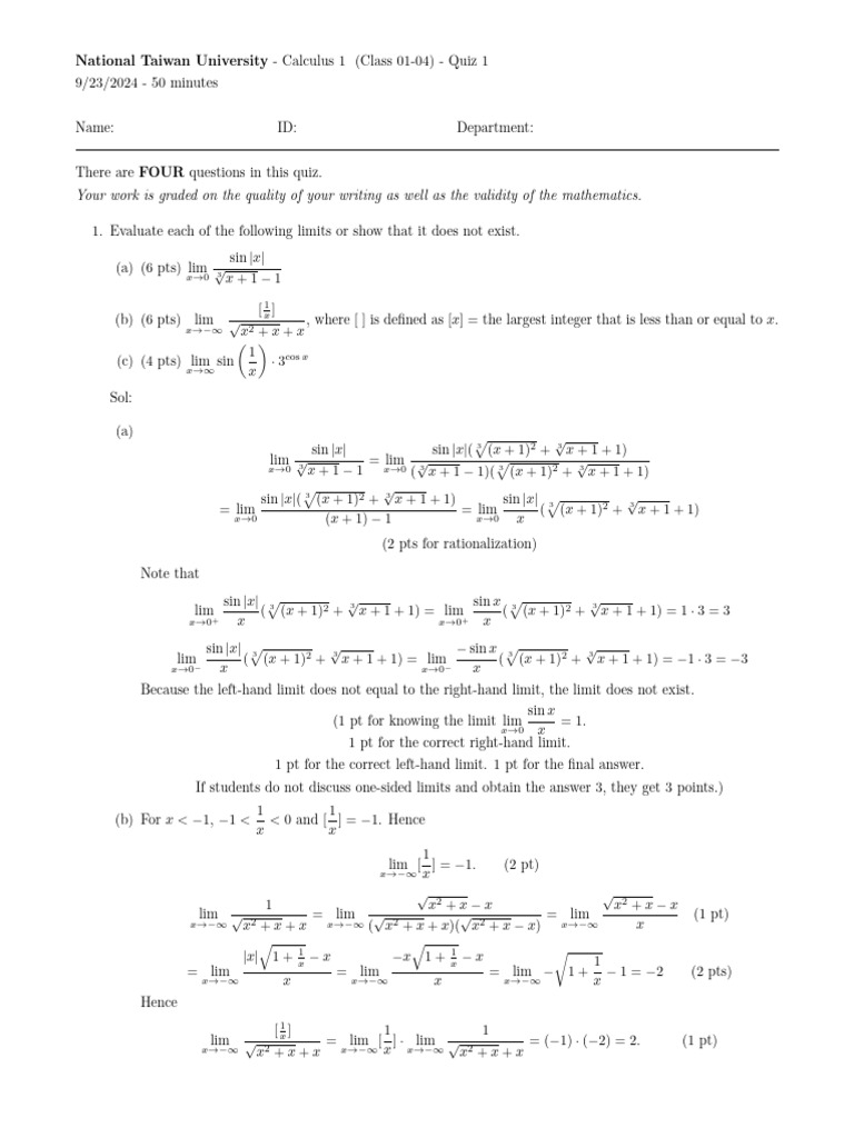 Calculus Quiz 1 Solutions and Analysis | PDF | Inequality (Mathematics ...