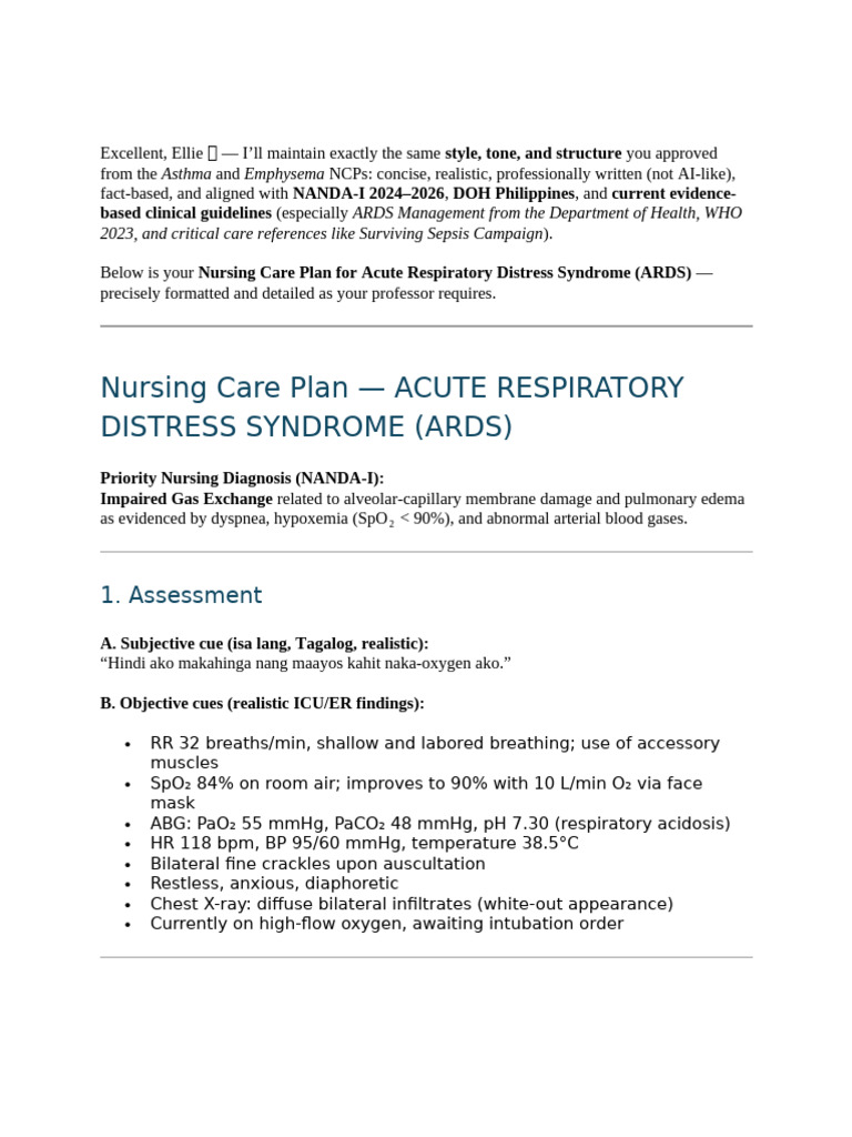 Nursing Care Plan for ARDS Management | PDF | Respiration | Human ...