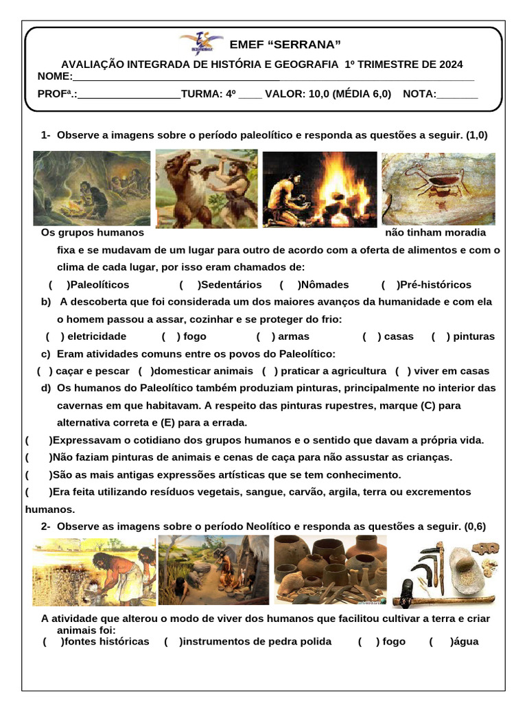 Avaliação de História e Geografia 4º Ano | PDF | Neolítico | Migração ...