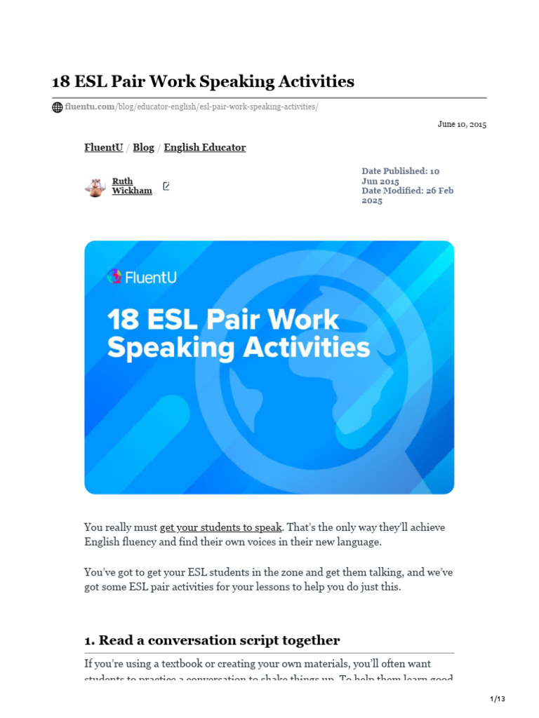 ESL Pair Work Speaking Activities | PDF | English As A Second Or ...