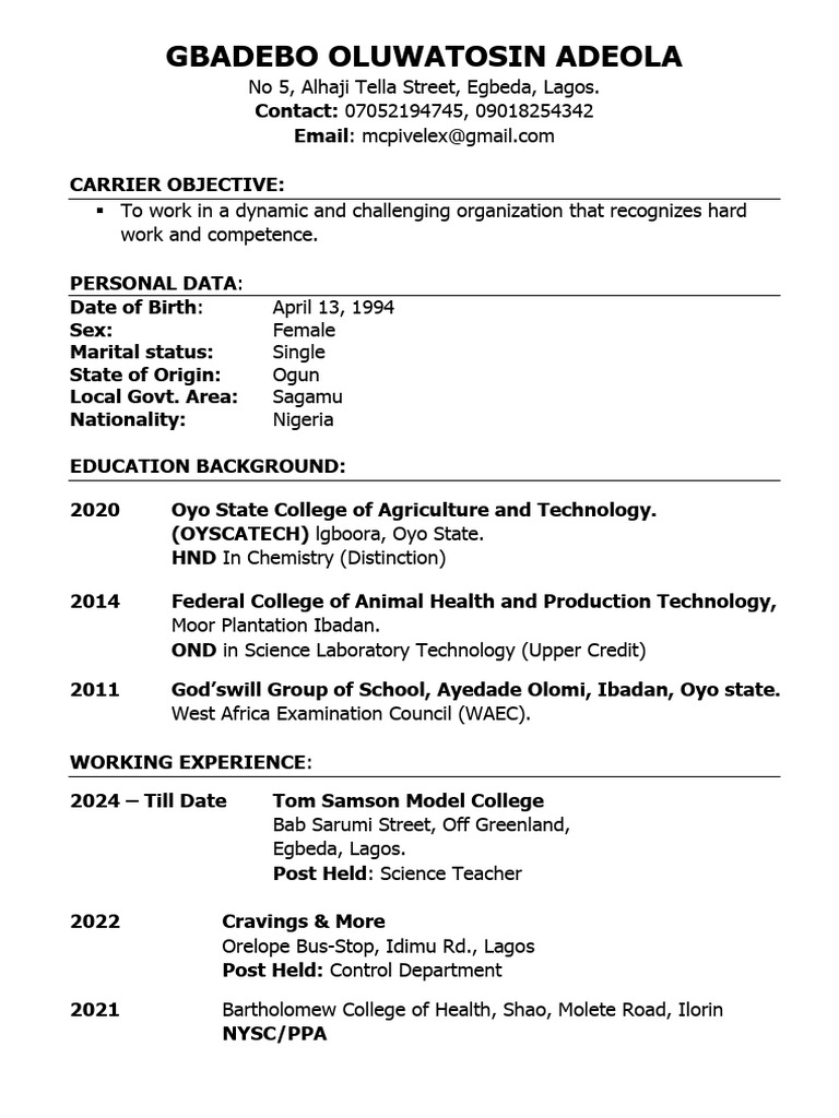 Gbadebo Oluwatosin Adeola Updated CV | PDF