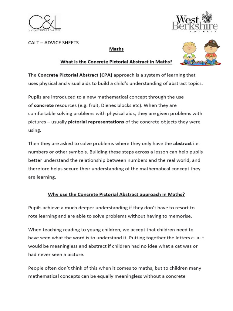 Maths Advice Sheet For Parents Concrete Pictorial and Abstract ...