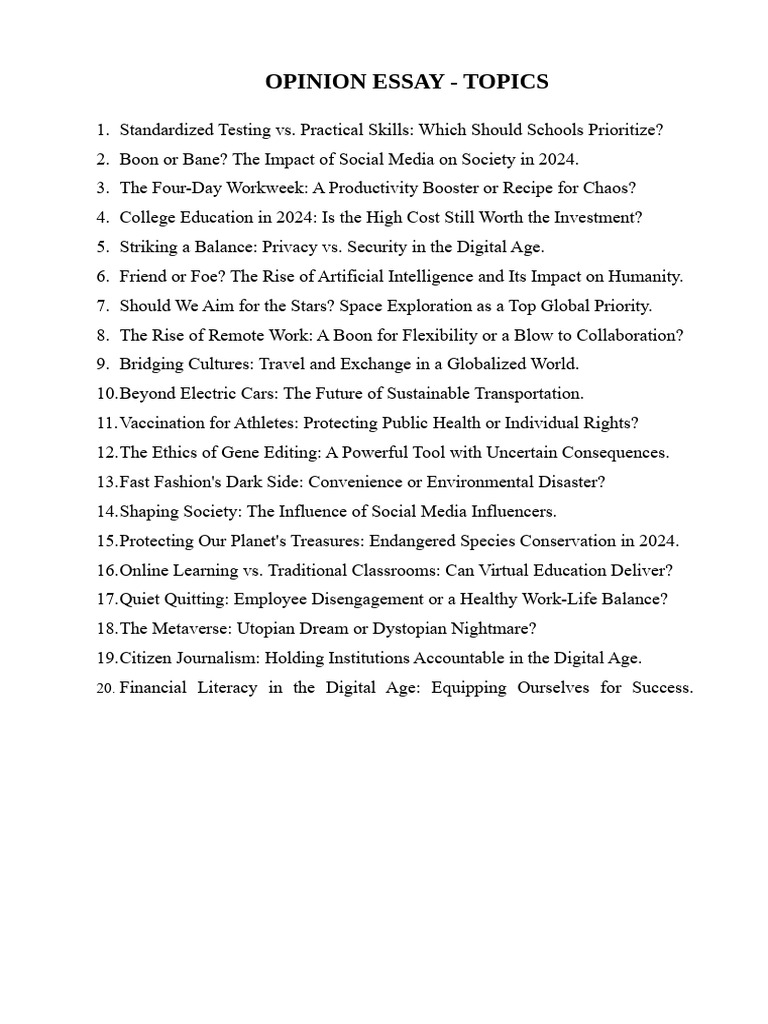Opinion Essay Topics for 2024 | PDF