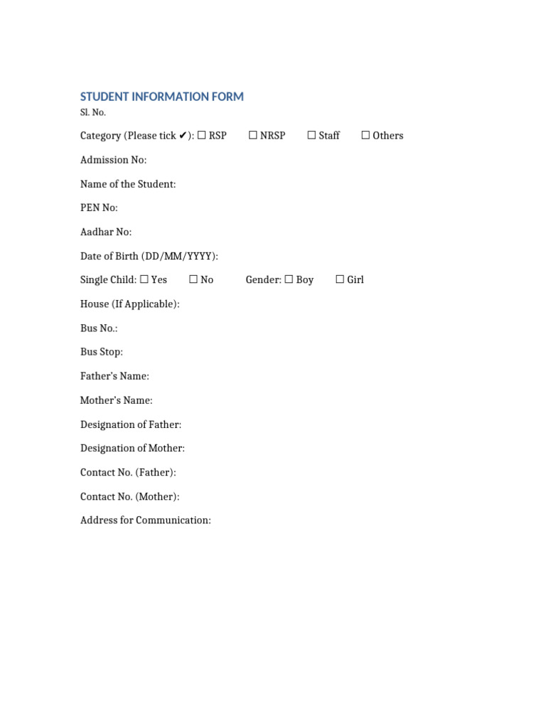 Student Information Form | PDF