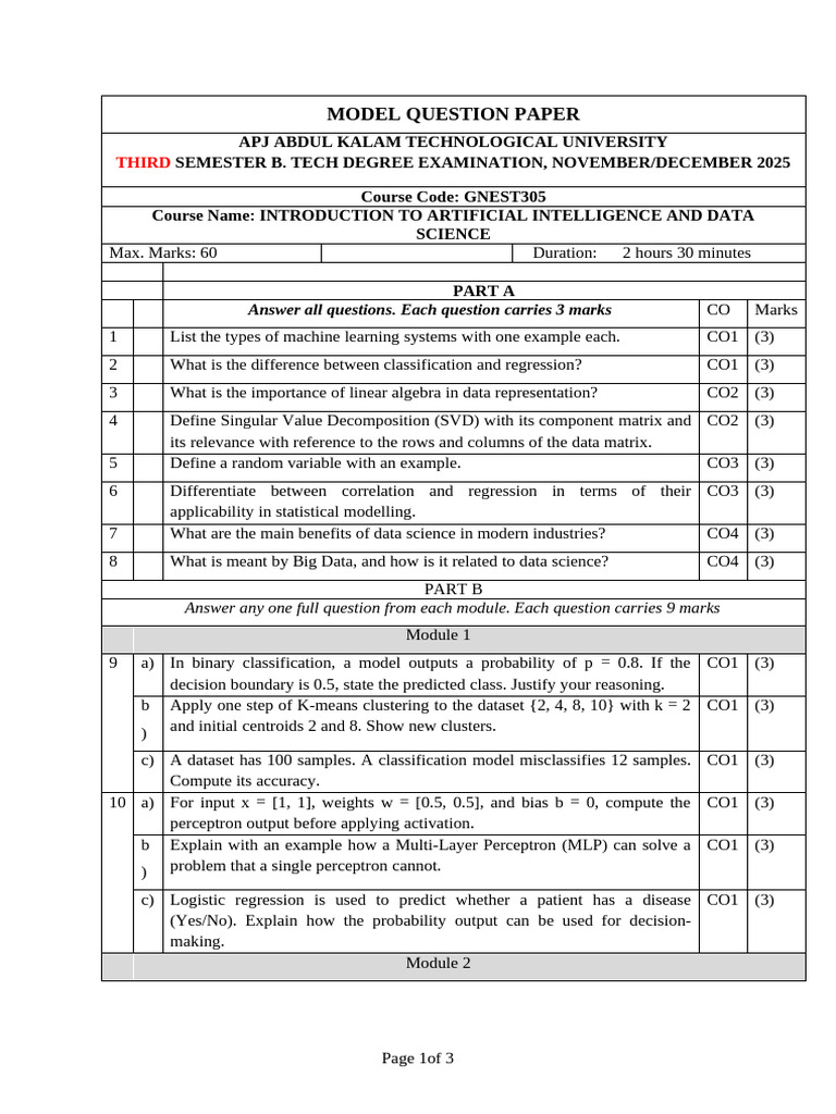 GNEST305 AI & Data Science Question Paper | PDF | Machine Learning ...
