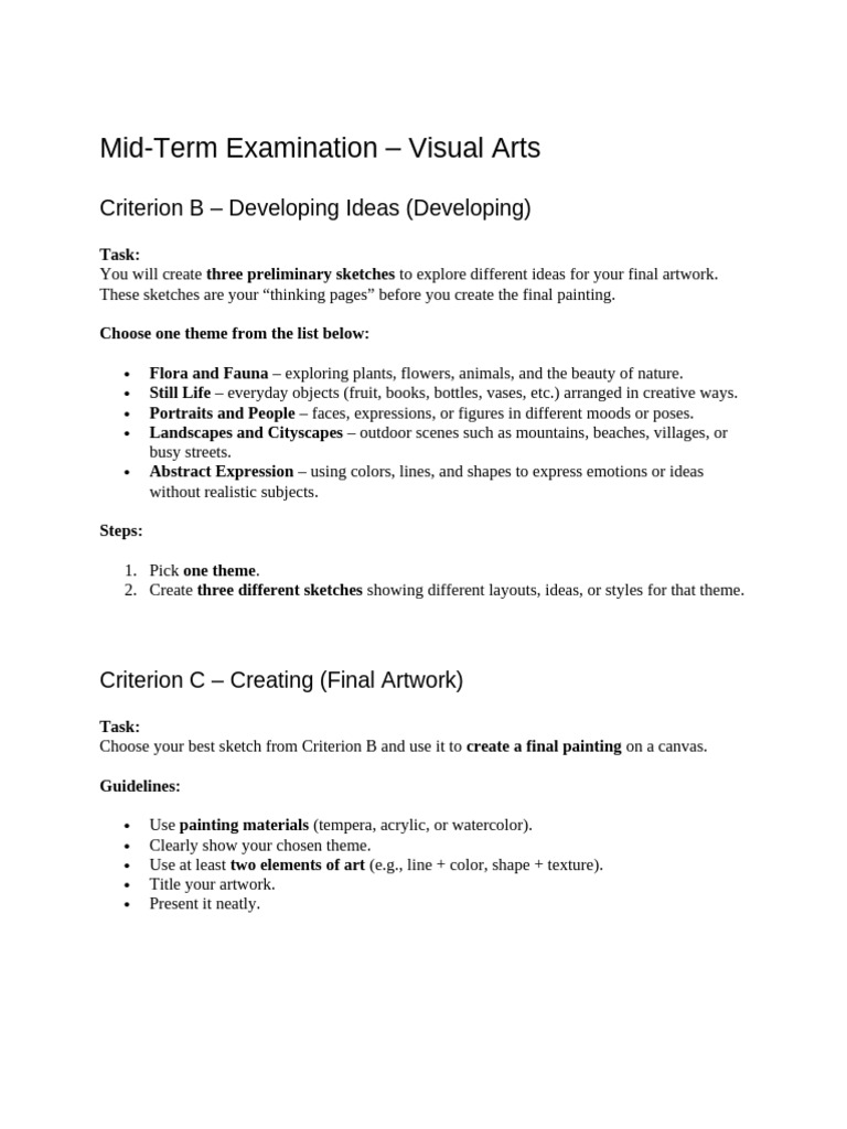 Visual Arts Mid-Term Exam Guide | PDF