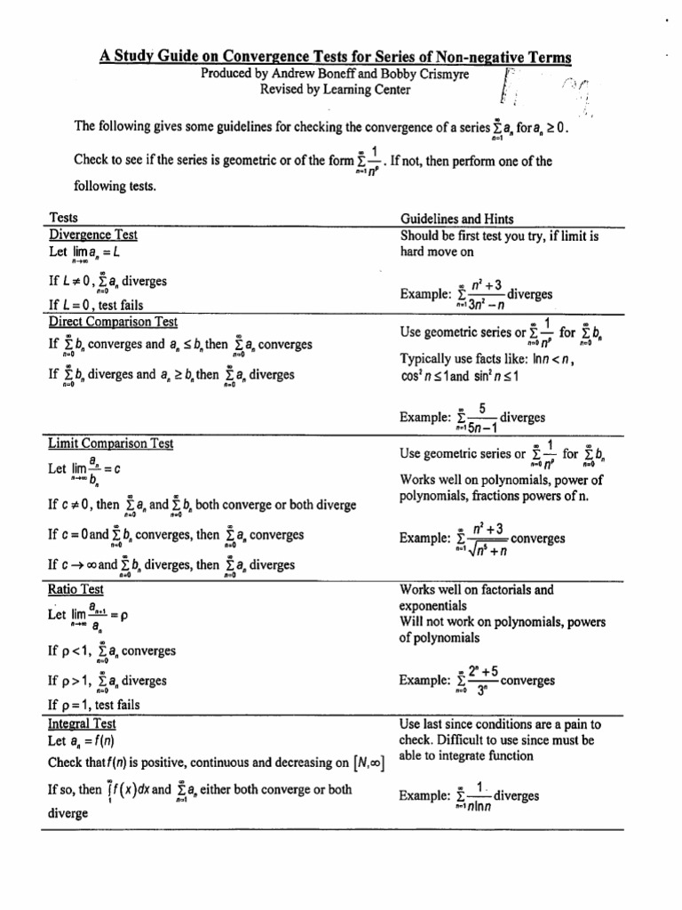 Chapter 8 Infinite Series Part 2 Summary of Tests For Series | PDF