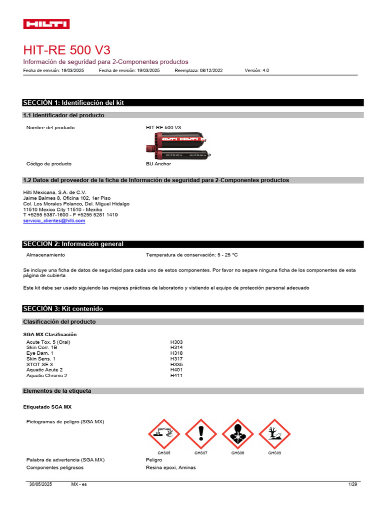 Seguridad HIT-RE 500 V3: Ficha Técnica | PDF | Química