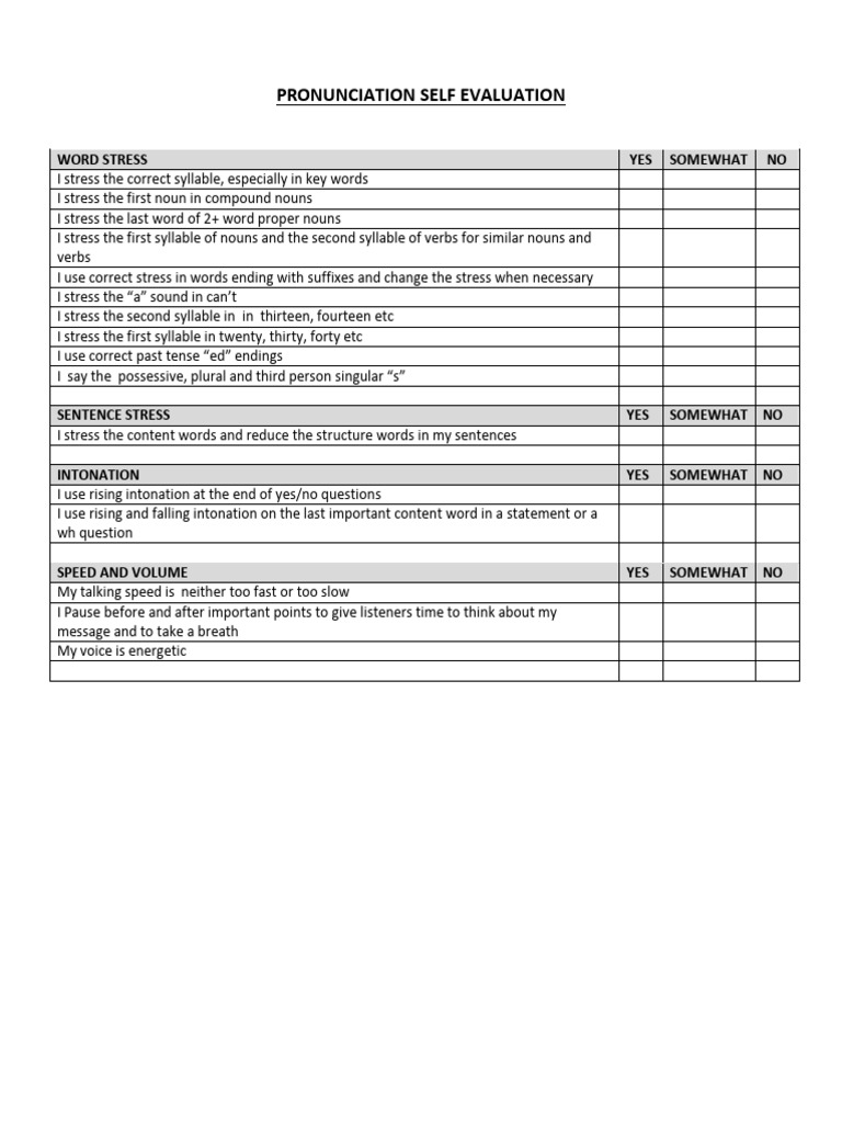 Pronunciation Self Evaluation Chart | PDF