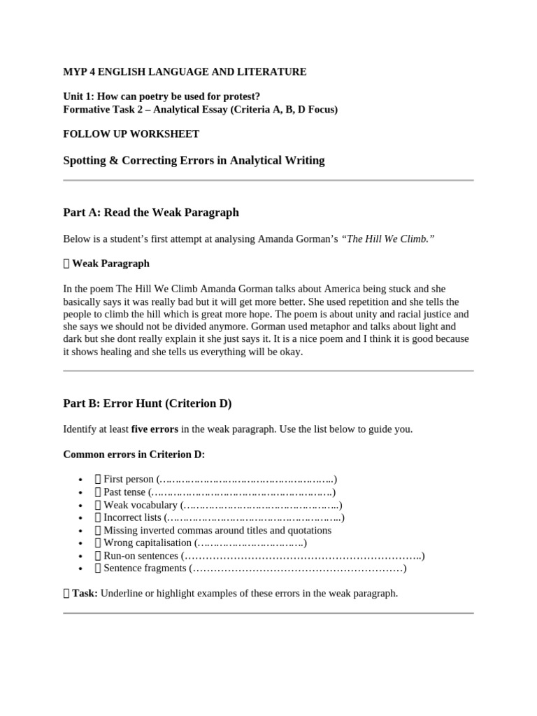 MYP 4 Formative Task 2 Follow Up Worksheet | PDF