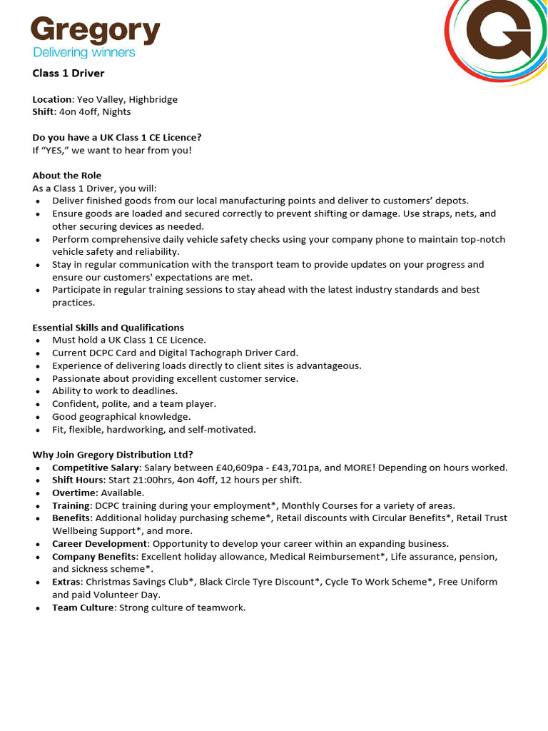 Class 1 Driver Job in Highbridge | PDF