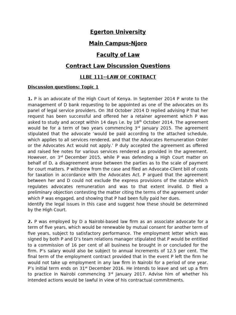 Contract Law Discussion Questions | PDF | Breach Of Contract ...