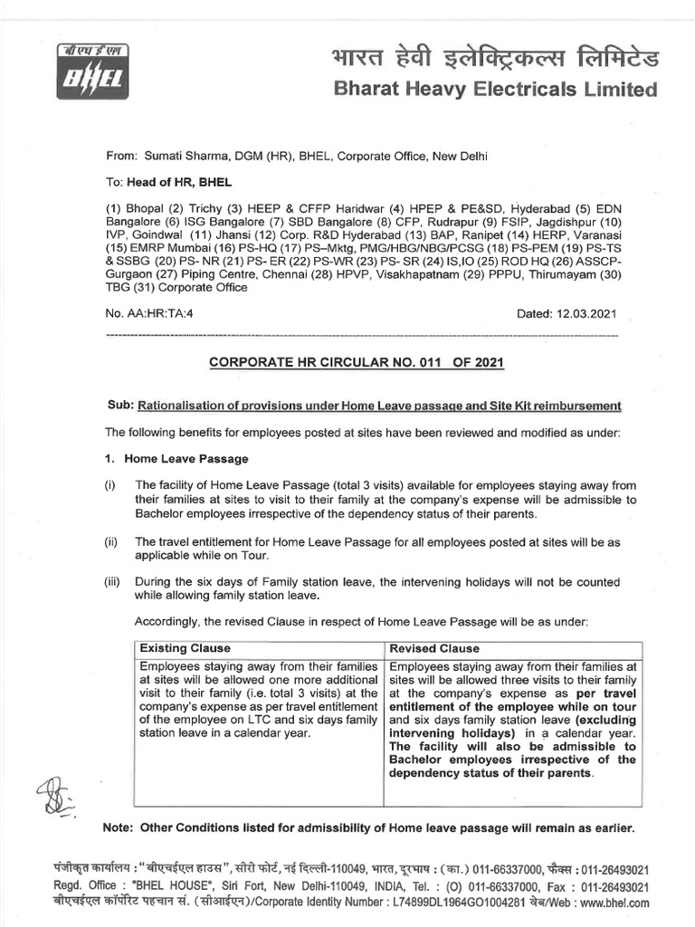 FSL Corp HR Circular No. 011 of 2021 Dated 12th March 2021 | PDF