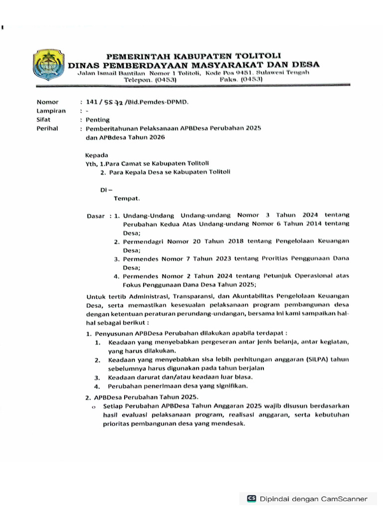 Surat Penyusunan Apbdes Perubahan 2025 Dan Apbdes 2026 | PDF