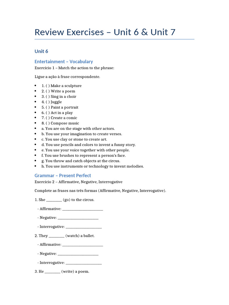 Review - Exercises - Unit6 e 7 Give Me Five | PDF | Linguistics ...