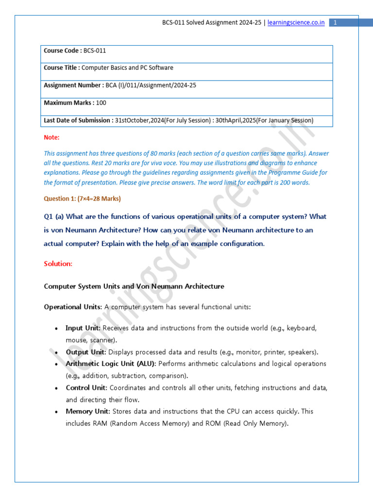 BCS-011 Solved Assignment 2024-25 | PDF | Random Access Memory | World ...