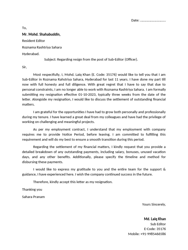 Resignation Letter from Sub-Editor | PDF