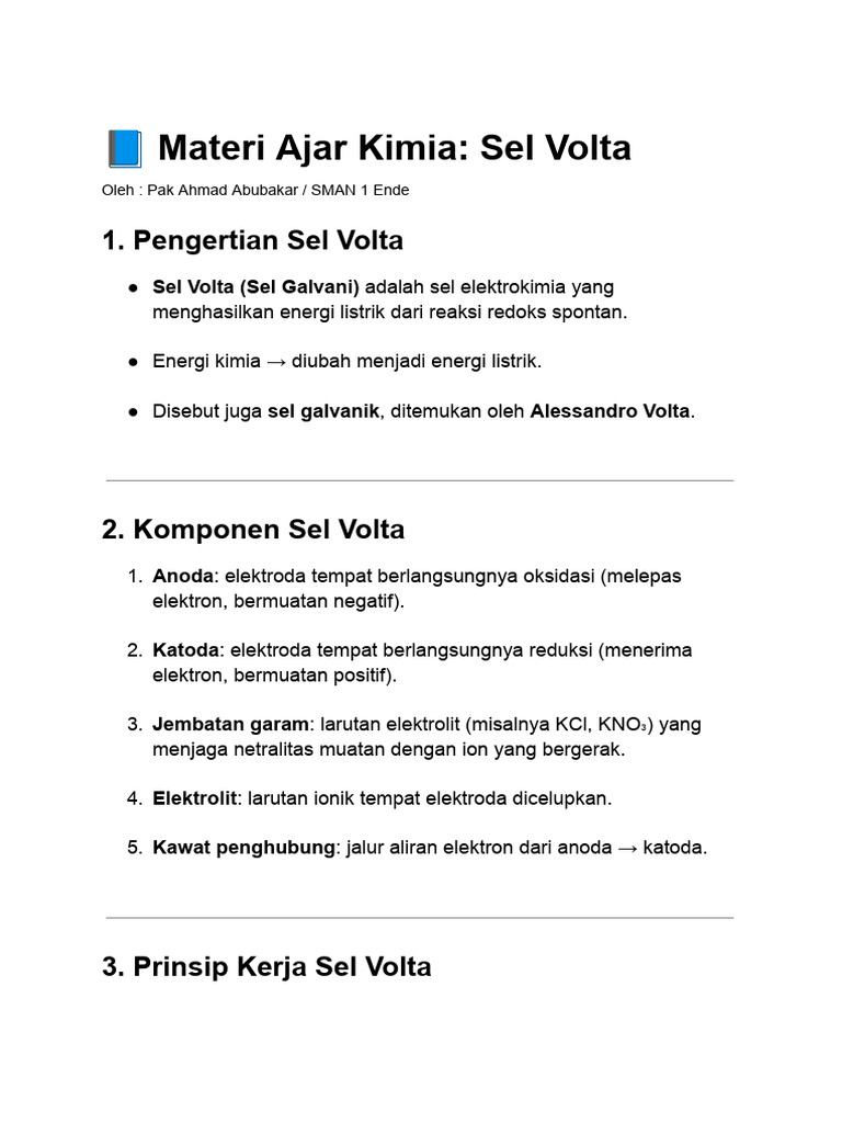 ? Materi Ajar Kimia - Sel Volta | PDF