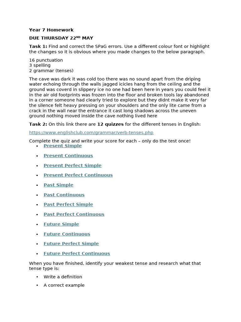 Year 7 Homework - SPaG and Tenses | PDF