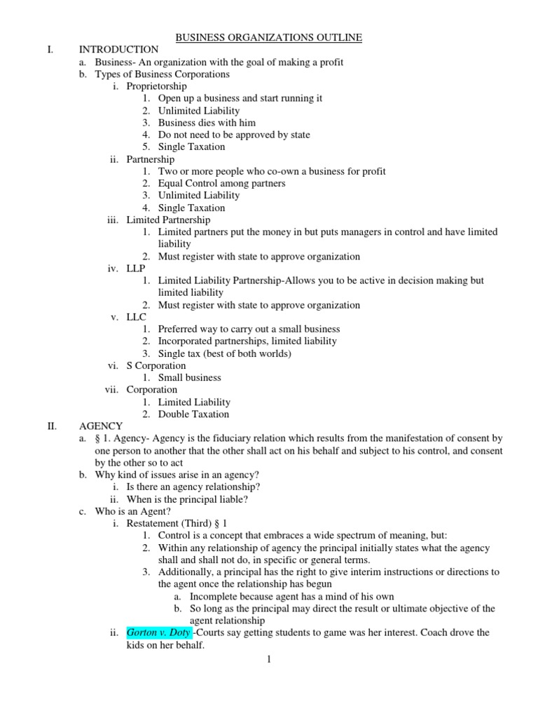 Business Organizations Outline | PDF | Law Of Agency | Partnership