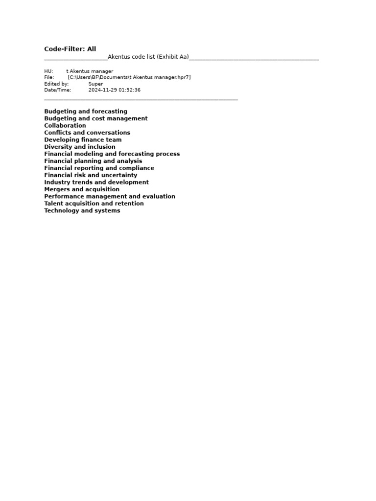 Akentus Code List (Exhibit Aa) | PDF