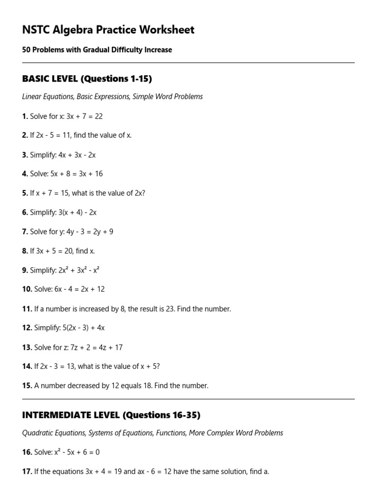 Algebra Practice Worksheet: 50 Problems | PDF | Equations | Numbers