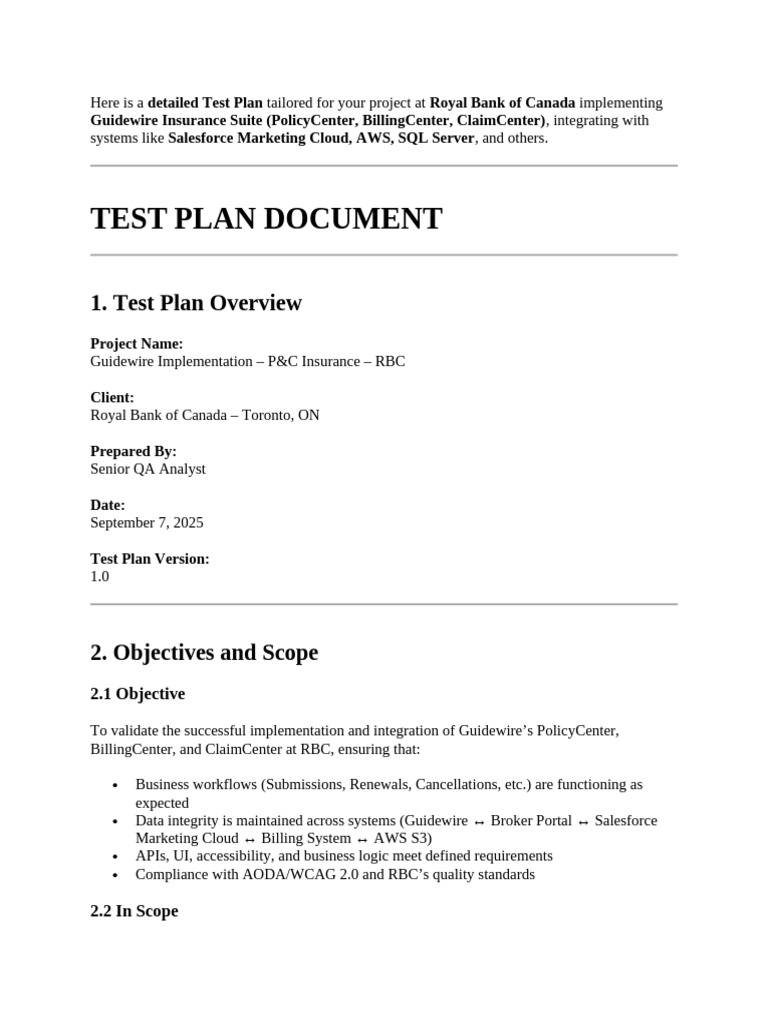 Guidewire Test Plan for RBC Implementation | PDF | Software Testing ...