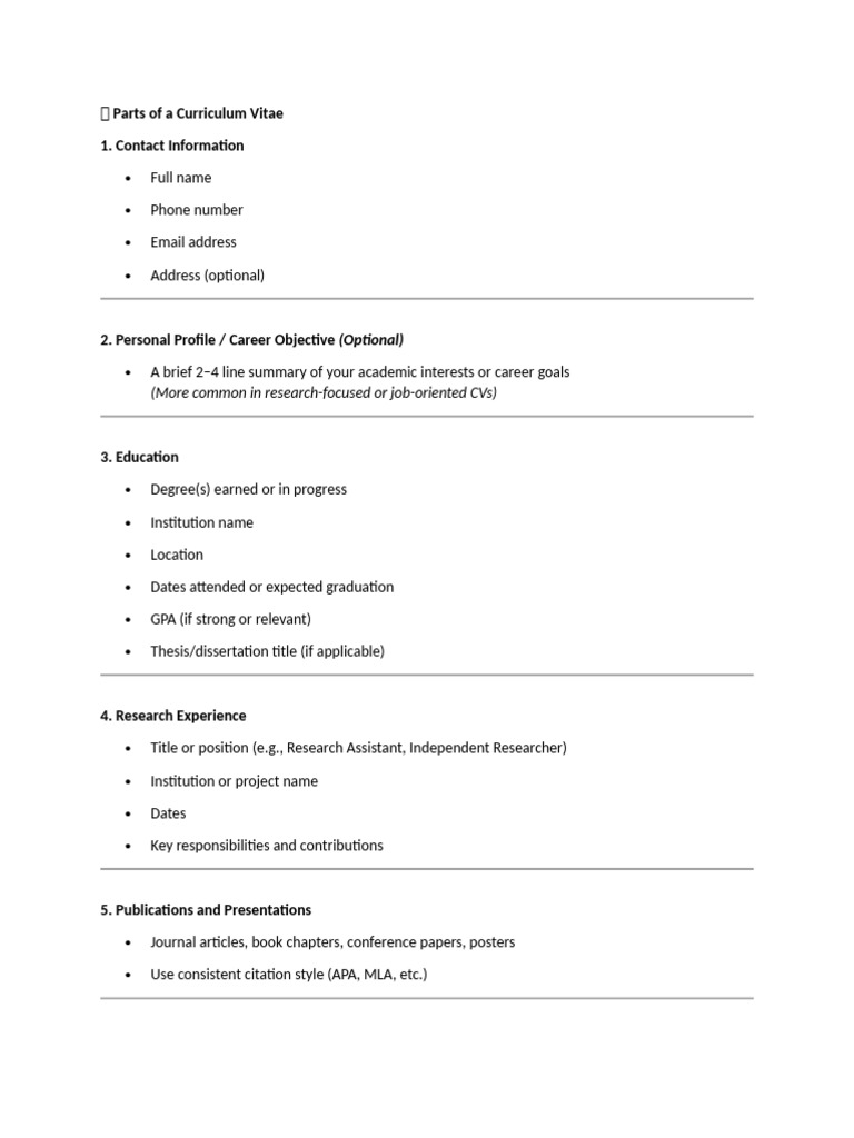 ? Parts of A Curriculum Vitae | PDF