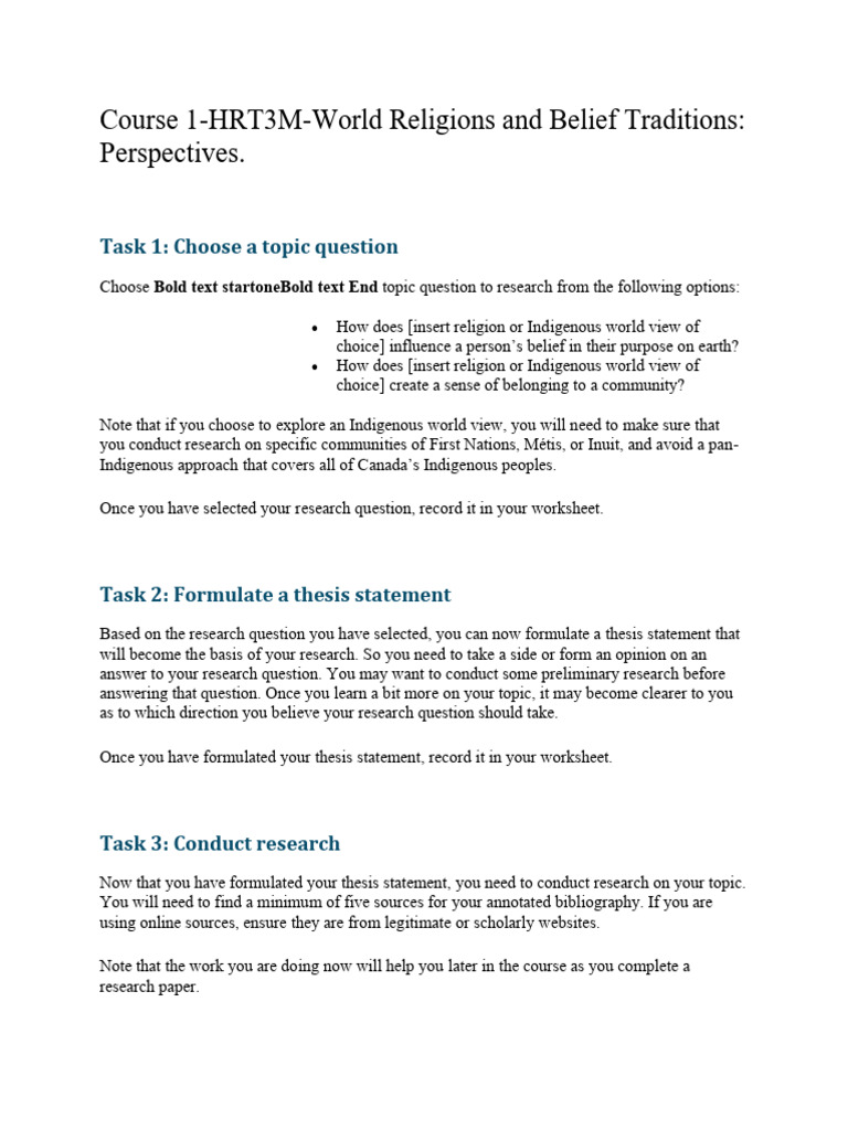 Course 1-HRT3M-World Religions and Belief Traditions - Perspectives ...
