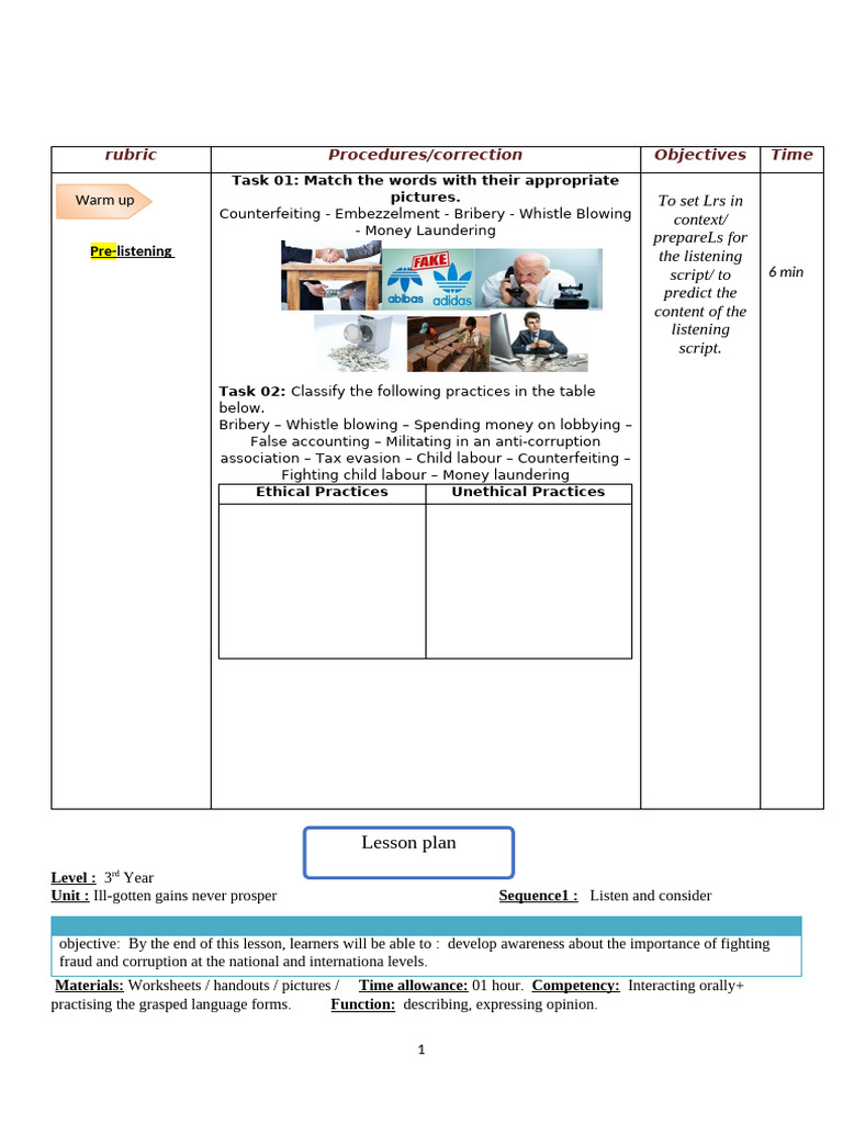 Ethics Sequence 1 Lesson Plan | PDF | Bribery | Corruption