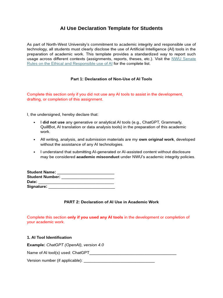 AI Use Declaration Template for Students | PDF | Artificial ...