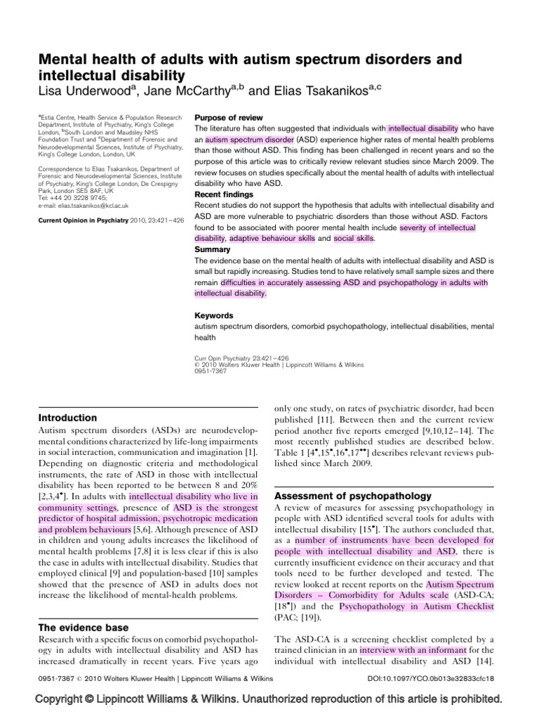 Mental Health of Adults With Autism Spectrum Disorders and Intellectual ...