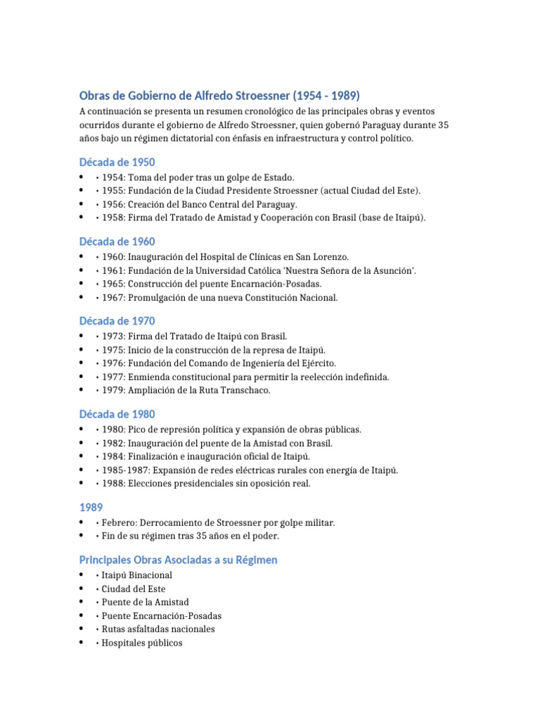 Obras de Gobierno de Alfredo Stroessner | PDF