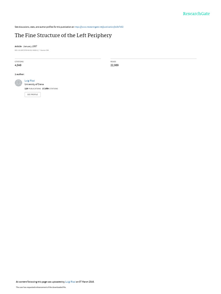 L Rizzi Fine Structure of Left Periphery | PDF