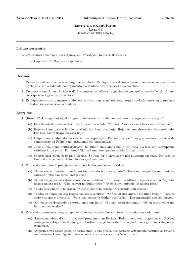Lista4 Regras de Inferencia[Questoes] | PDF | Argumento | Inferência