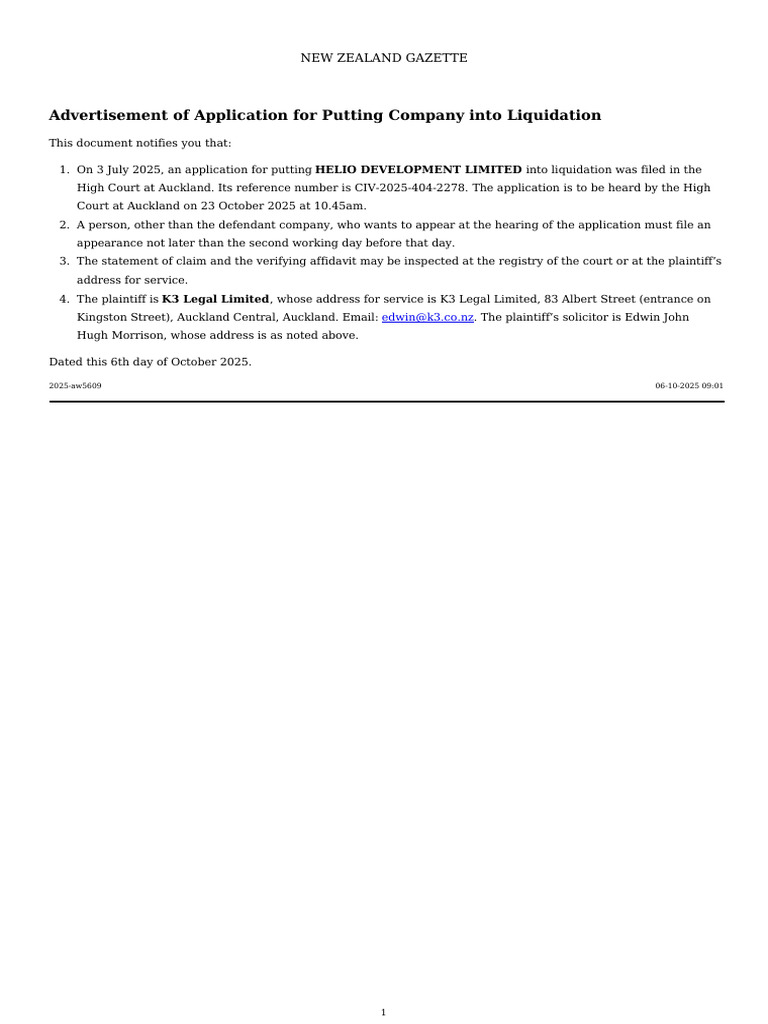 Helio Development Ltd Liquidation Notice | PDF