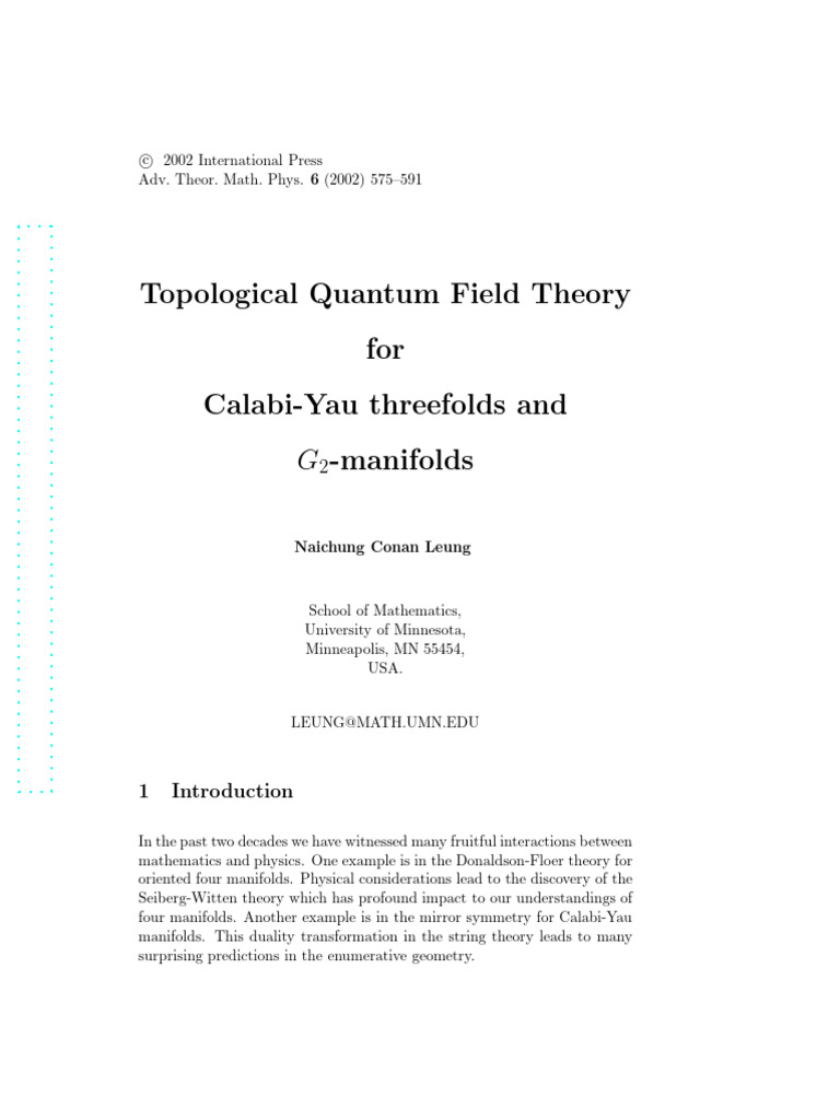 Topological Quantum Field Theory For Calabi-Yau Threefolds and G2 ...