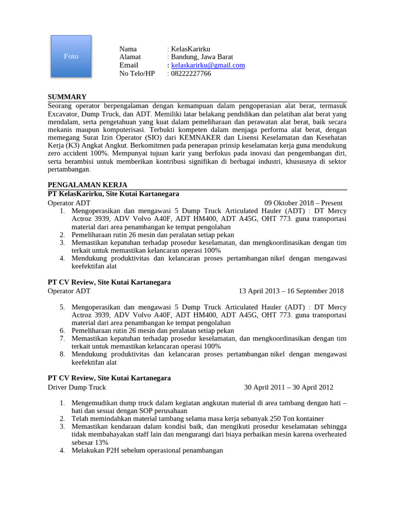 Template CV Operator DT, ADT, Compact | PDF