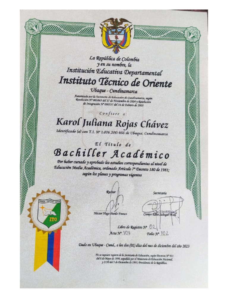 Diploma de Bachiller y Acta de Grado-karol Rojas | PDF