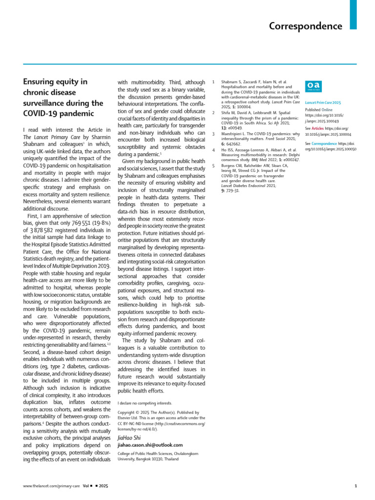 The Lancet-Ensuring equity in chronic disease surveillance during the ...