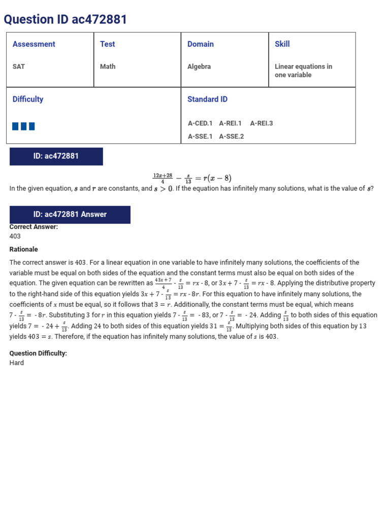 SAT Suite Question Bank Math Hard Answers | PDF | Equations | System Of ...