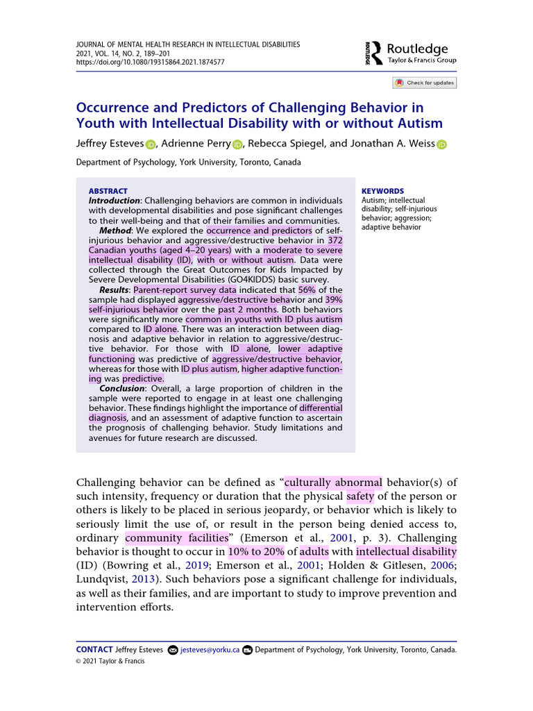 2021 Occurrence and Predictors of Challenging Behavior (Retrieved ...