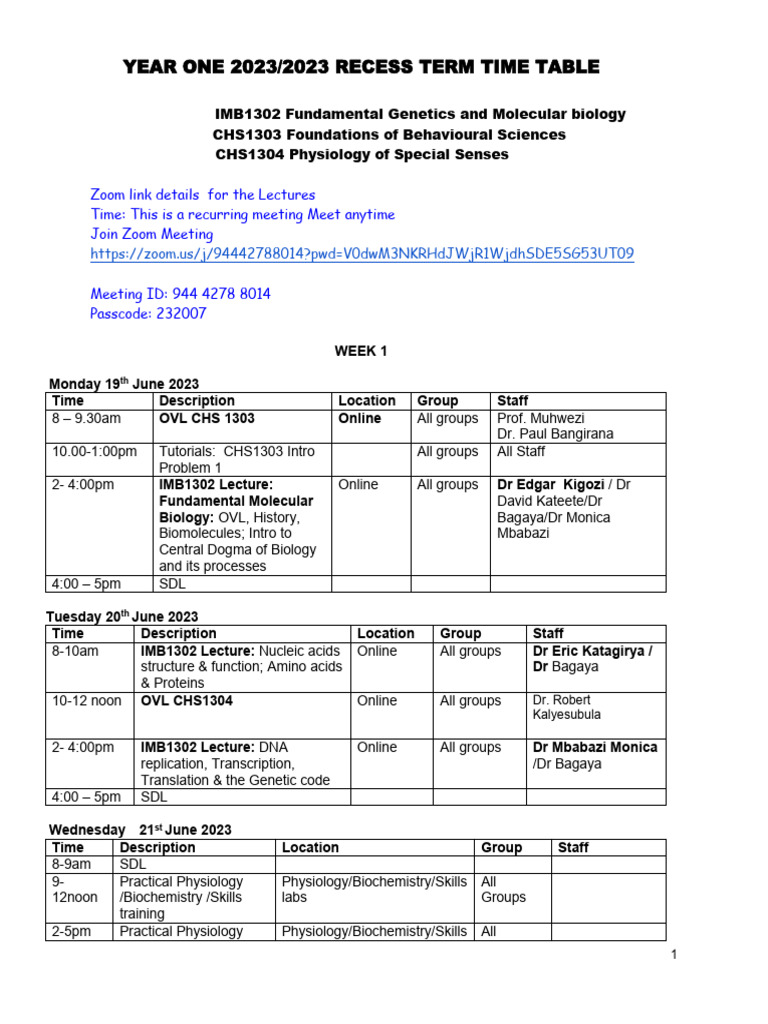 Year 1 - Recess Timetable-2022 - 2023 | PDF | Health Sciences | Genetics