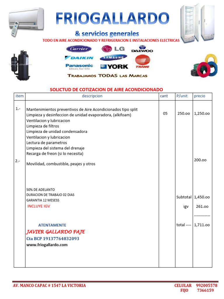 Cotización Mantenimiento Aire Acondicionado | PDF