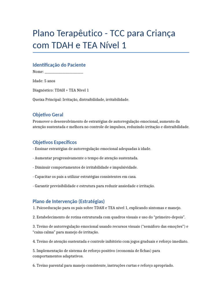 Plano Terapêutico TCC: TDAH e TEA Infantil | PDF
